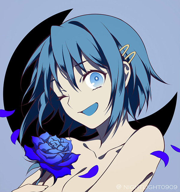 The Big ImageBoard (TBIB) - 1girl :d black moon blue background blue eyes blue flower blue hair ...