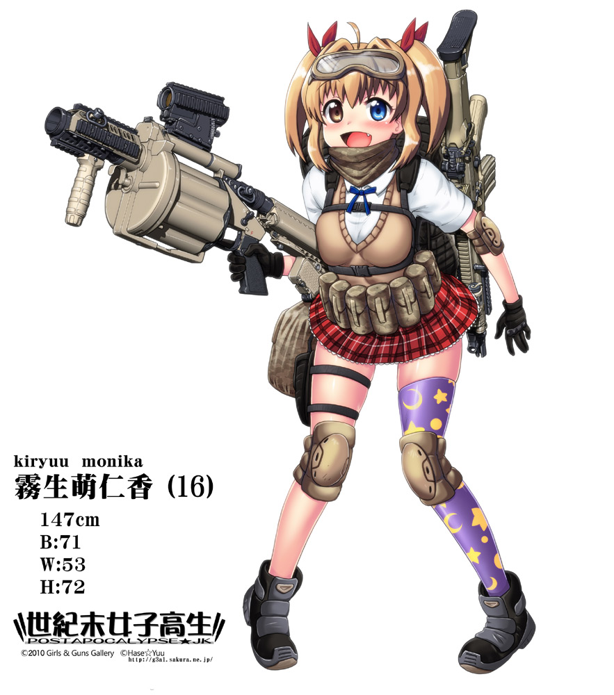 The Big ImageBoard (TBIB) - 1girl :d ahoge assault rifle blonde hair blue eyes bow elbow pads ...