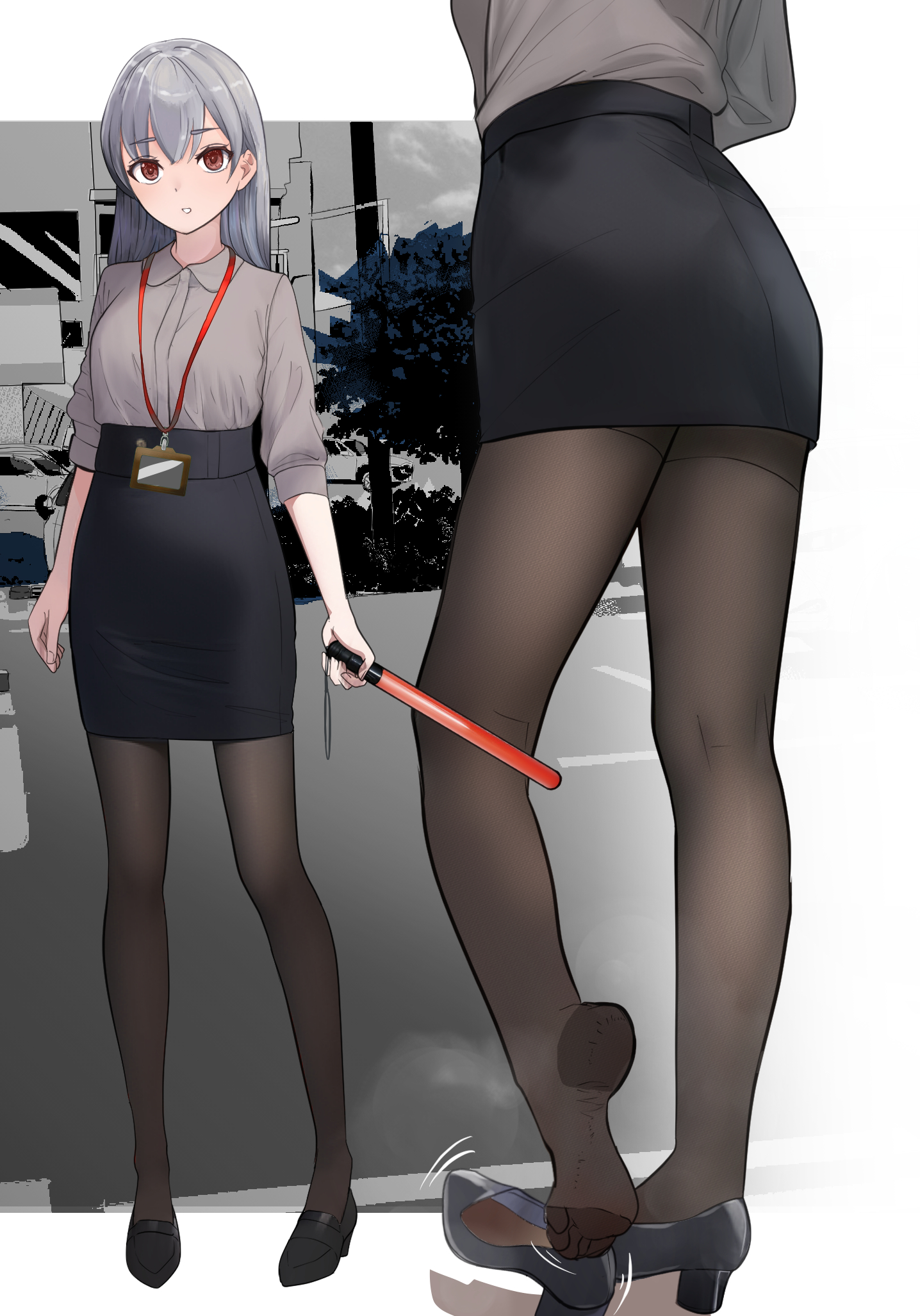 The Big ImageBoard (TBIB) - 1girl arm up black footwear black pantyhose black skirt breasts ...