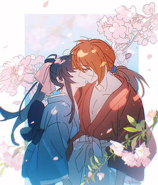 The Big ImageBoard (TBIB) - 1boy 1girl black hair blue kimono cherry blossoms closed eyes ...