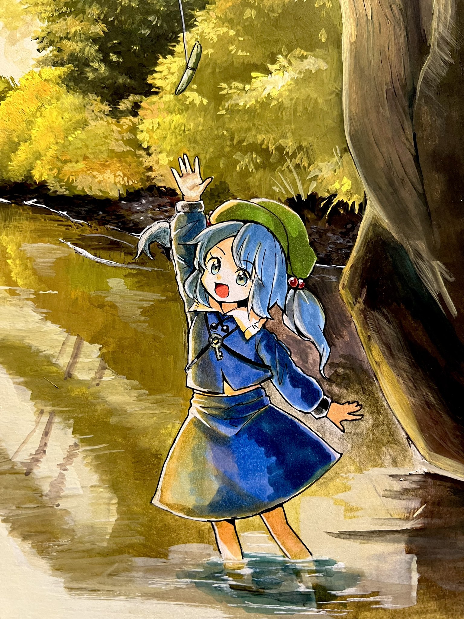 The Big ImageBoard (TBIB) - 1girl arm up blue hair blue shirt blue skirt cabbie hat collared ...