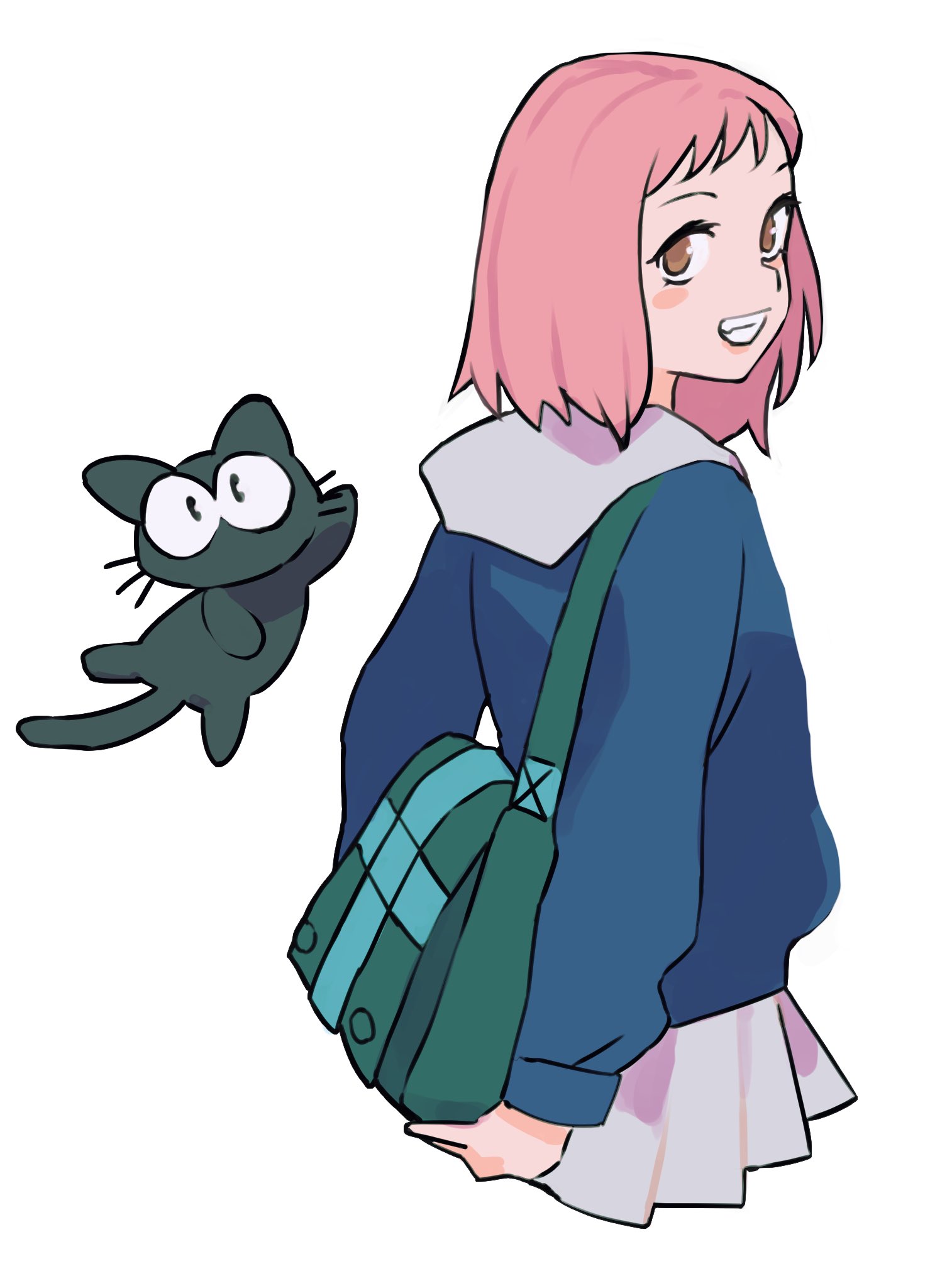 The Big ImageBoard (TBIB) - 1girl bag black cat blue jacket brown eyes ...