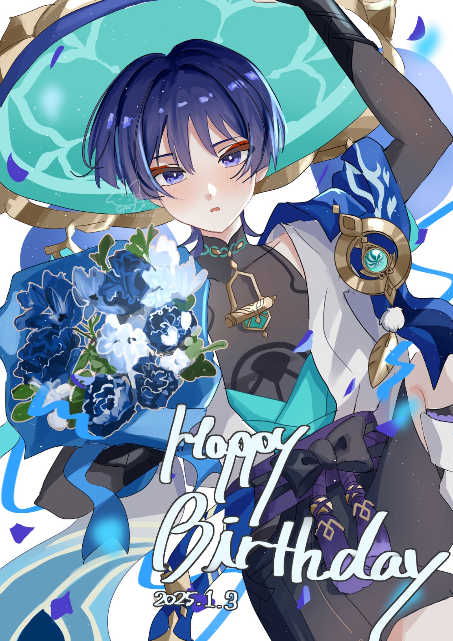 The Big ImageBoard (TBIB) - 1boy bishounen black gloves blue eyes blue flower blue hair bouquet ...