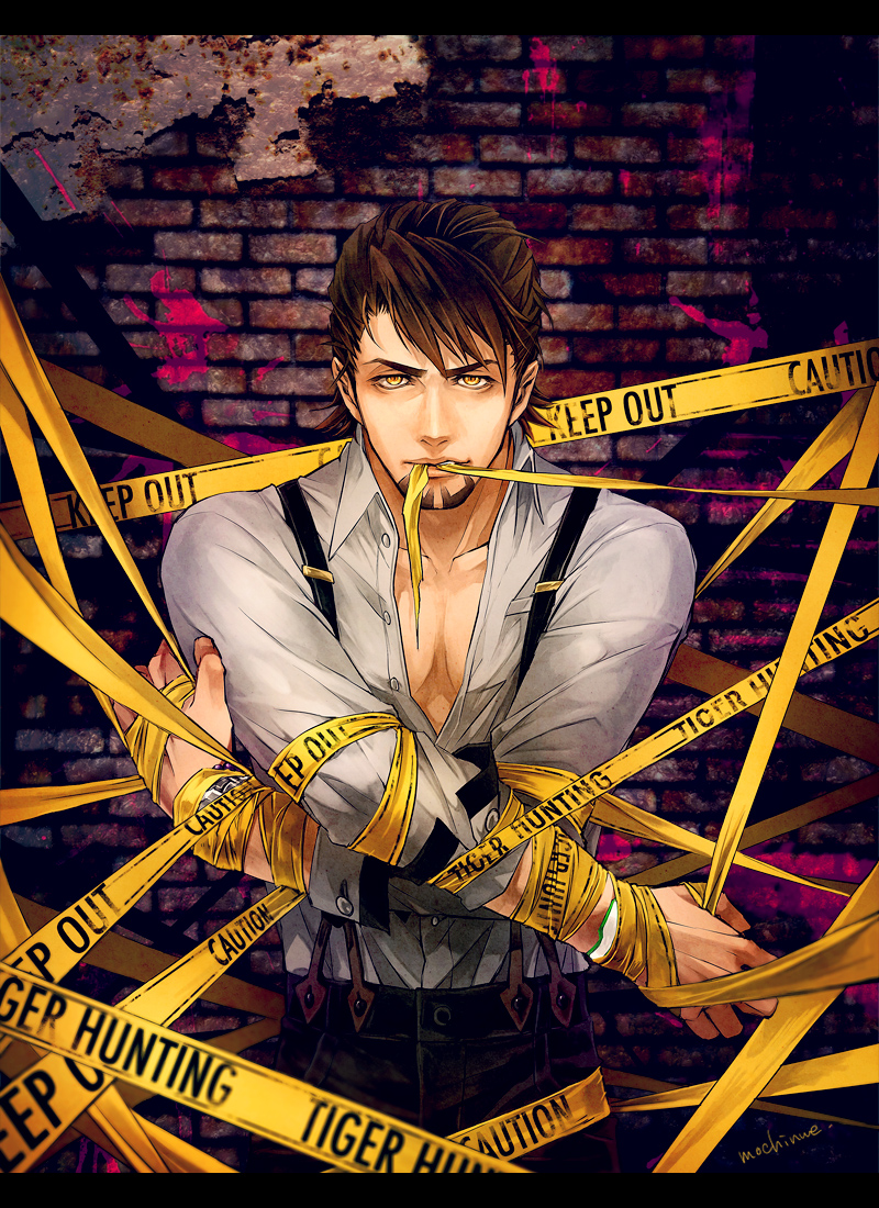 The Big ImageBoard (TBIB) - 1boy alley black pants brick wall brown hair caution tape crossed ...