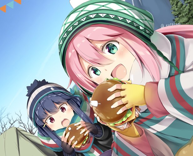 The Big ImageBoard (TBIB) - 2girls beanie blue hair burger cheese day ...