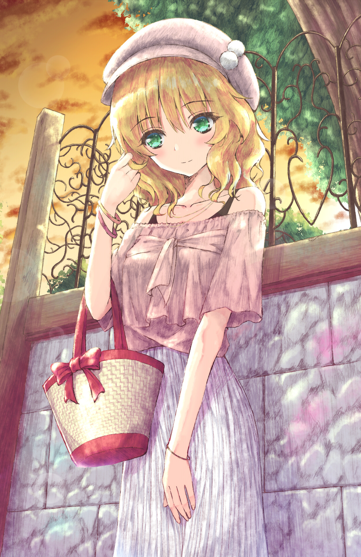 The Big ImageBoard (TBIB) - 1girl aramachi arm up bag bare shoulders blonde hair blush bracelet ...