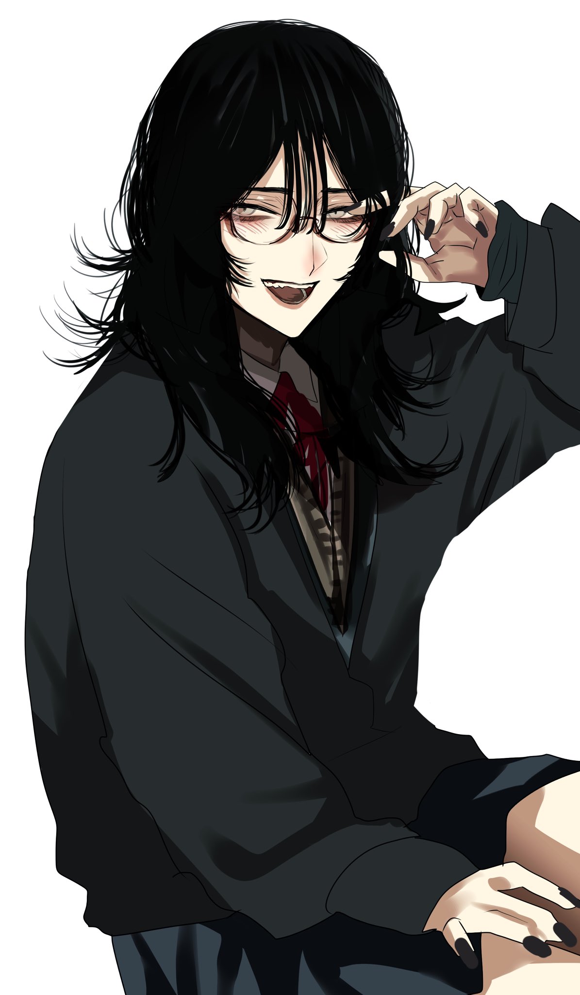 The Big ImageBoard (TBIB) - 1girl adjusting eyewear aegyo sal black hair black jacket black ...