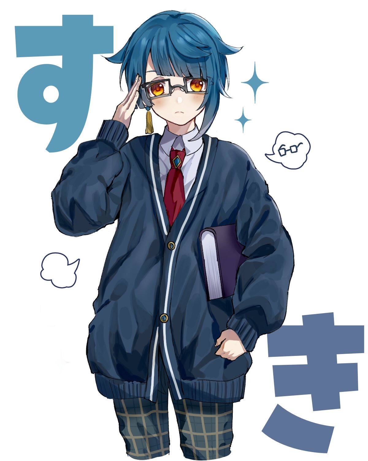 The Big ImageBoard (TBIB) - 1boy black pants blue hair blue jacket book ...