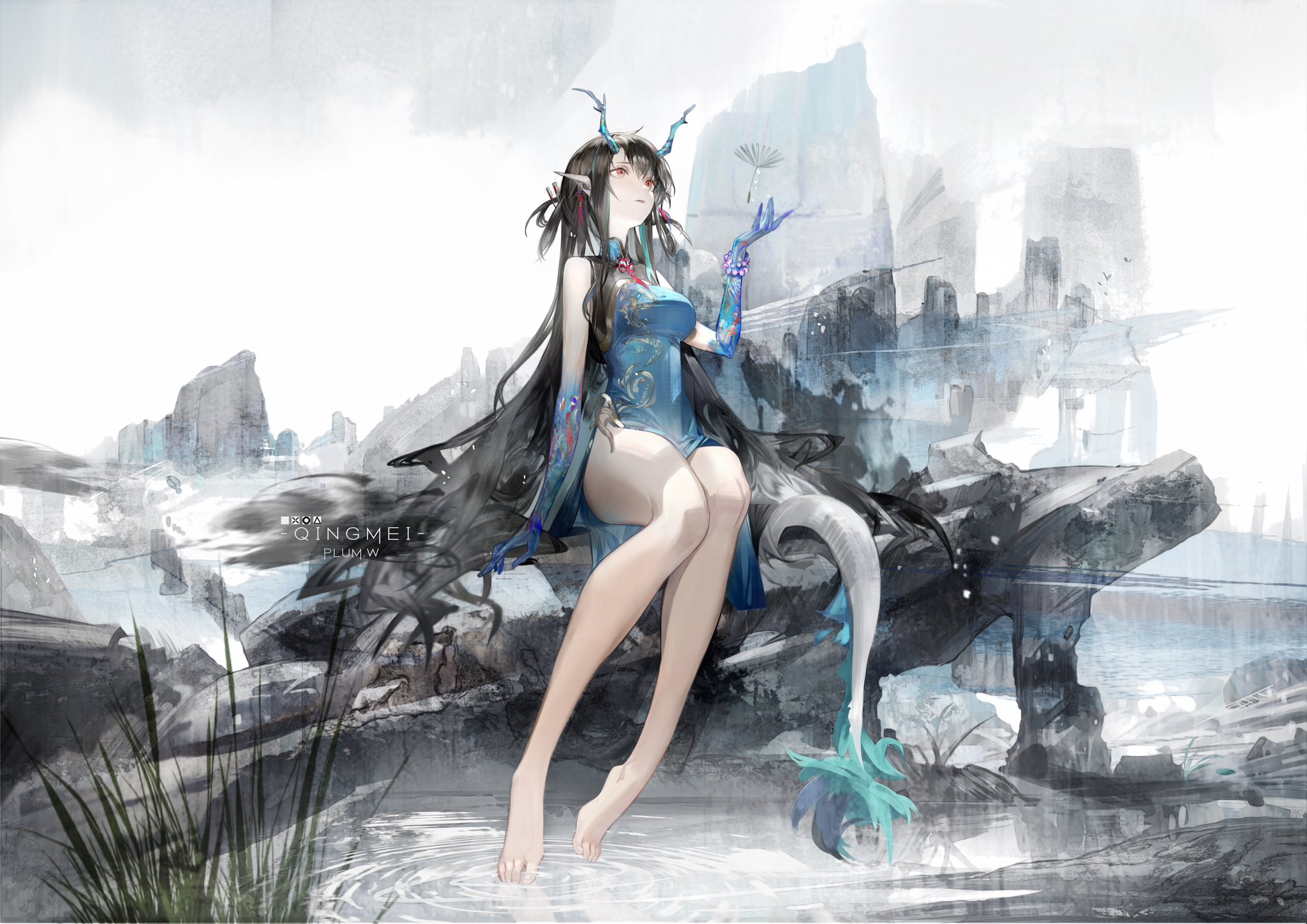 The Big ImageBoard (TBIB) - 1girl arknights barefoot black hair china dress chinese clothes ...