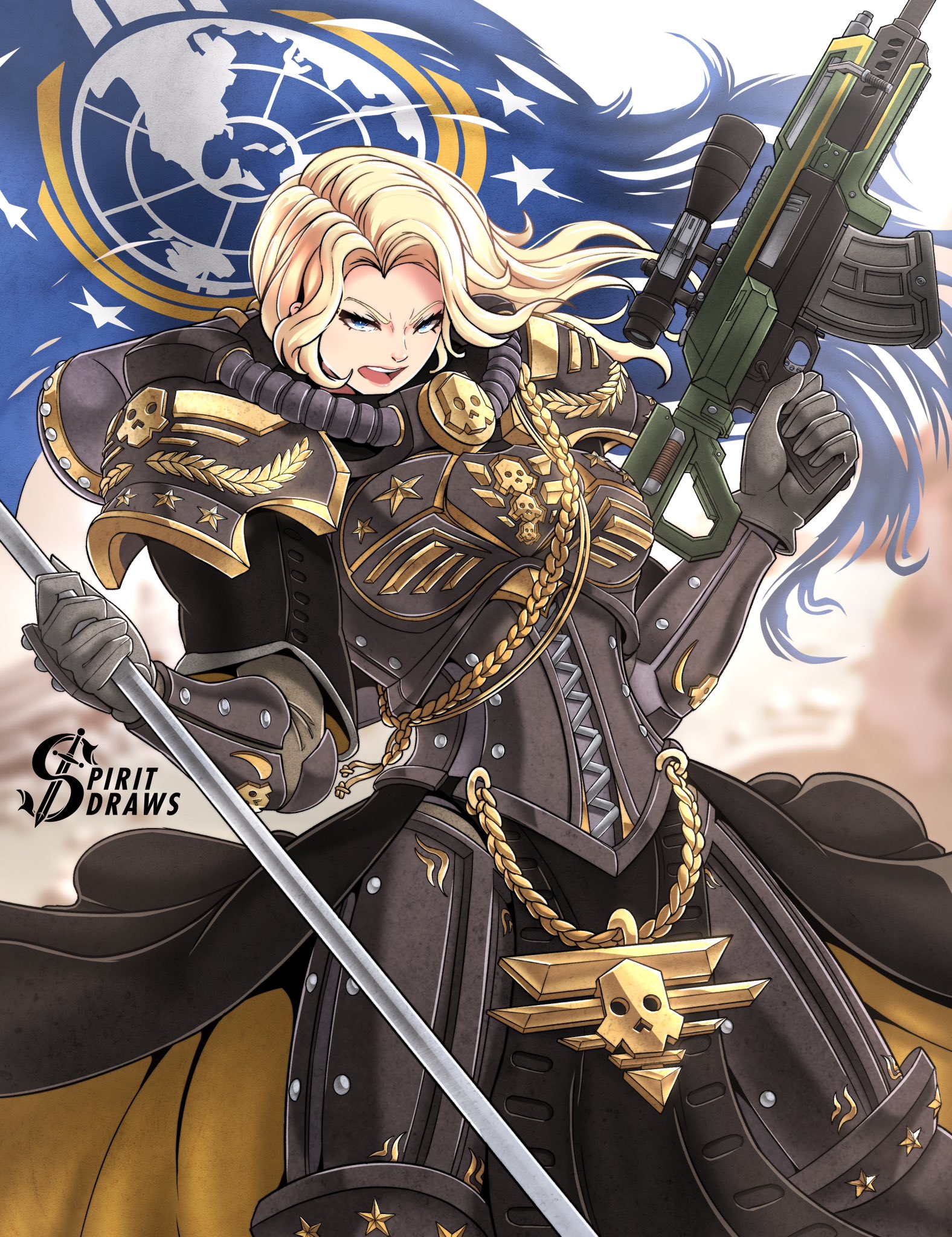 The Big ImageBoard (TBIB) - 1girl adepta sororitas armor assault rifle blonde hair blue eyes ...