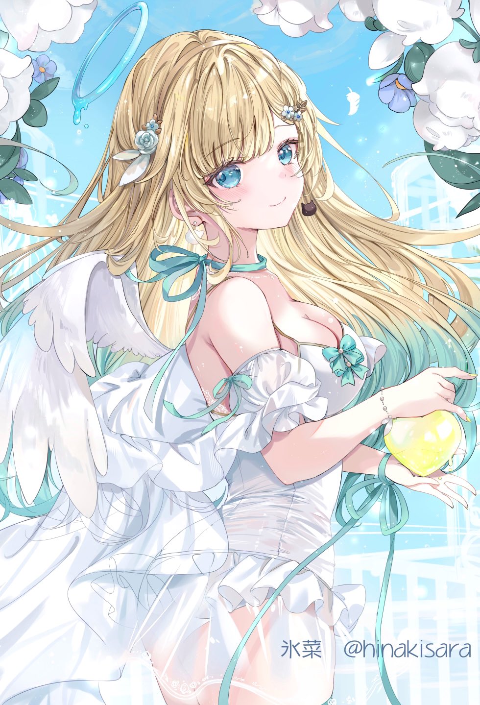 The Big ImageBoard (TBIB) - 1girl aizawa ema angel wings aqua bow aqua hair artist name bare ...