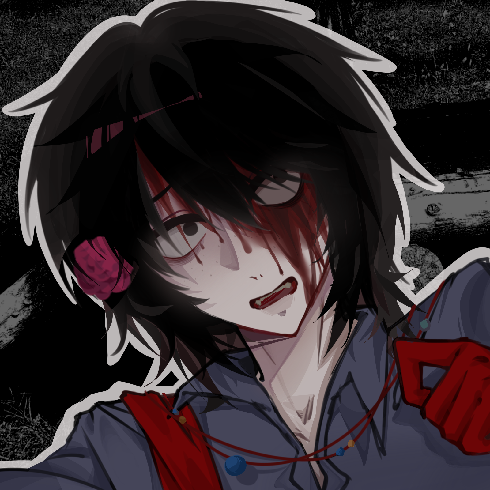 The Big ImageBoard (TBIB) - 1boy black background black eyes black hair bleeding from forehead ...