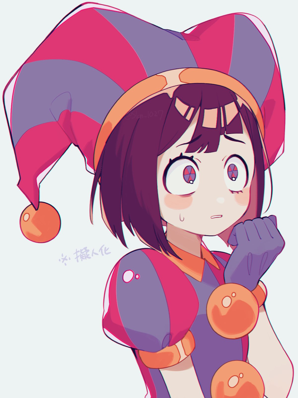 The Big ImageBoard (TBIB) - 1girl blue eyes blunt bangs blush stickers brown hair collared shirt ...