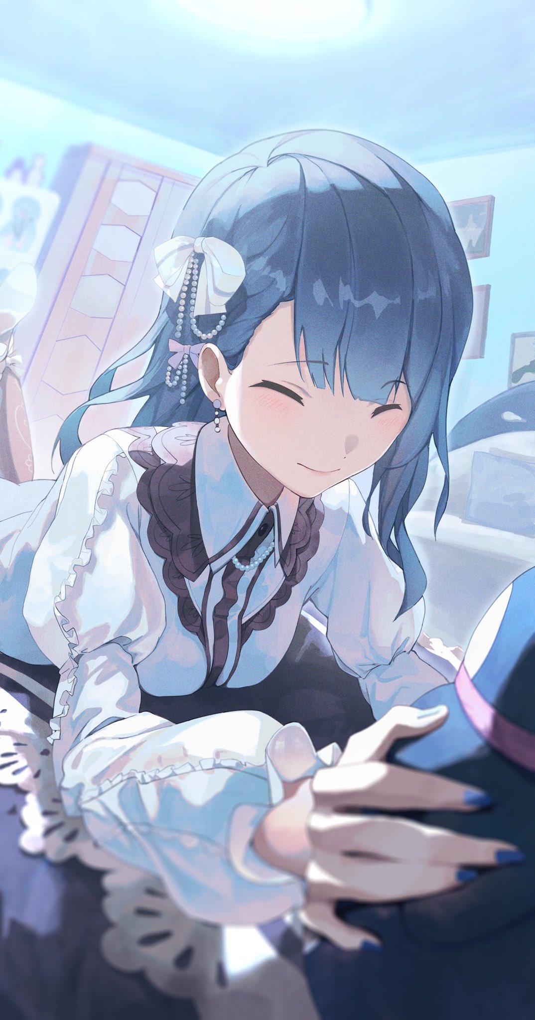 The Big ImageBoard (TBIB) - 1girl blue hair blue nails blush closed eyes closed mouth commentary ...
