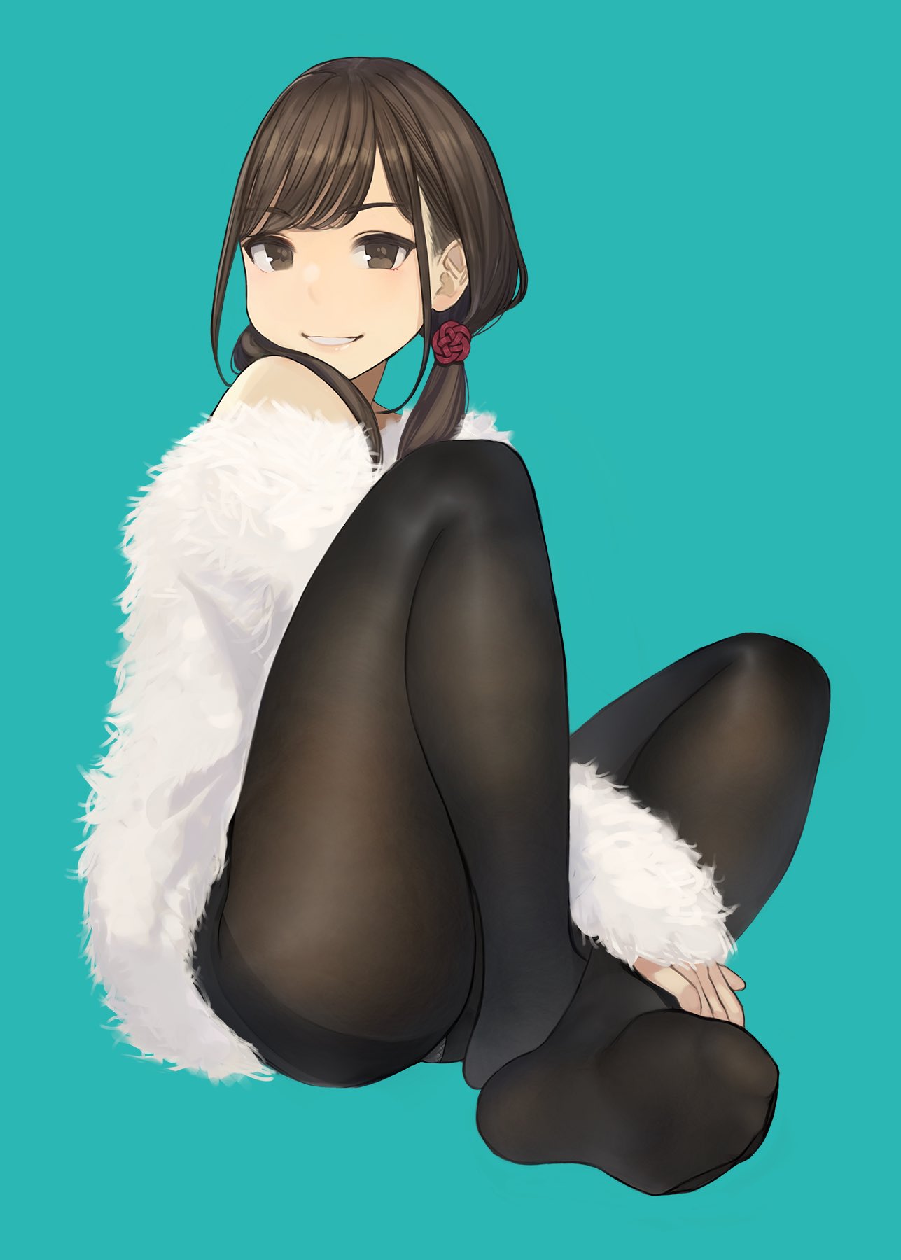 The Big Imageboard Tbib 1girl Aqua Background Bangs Black Legwear Brown Eyes Brown Hair