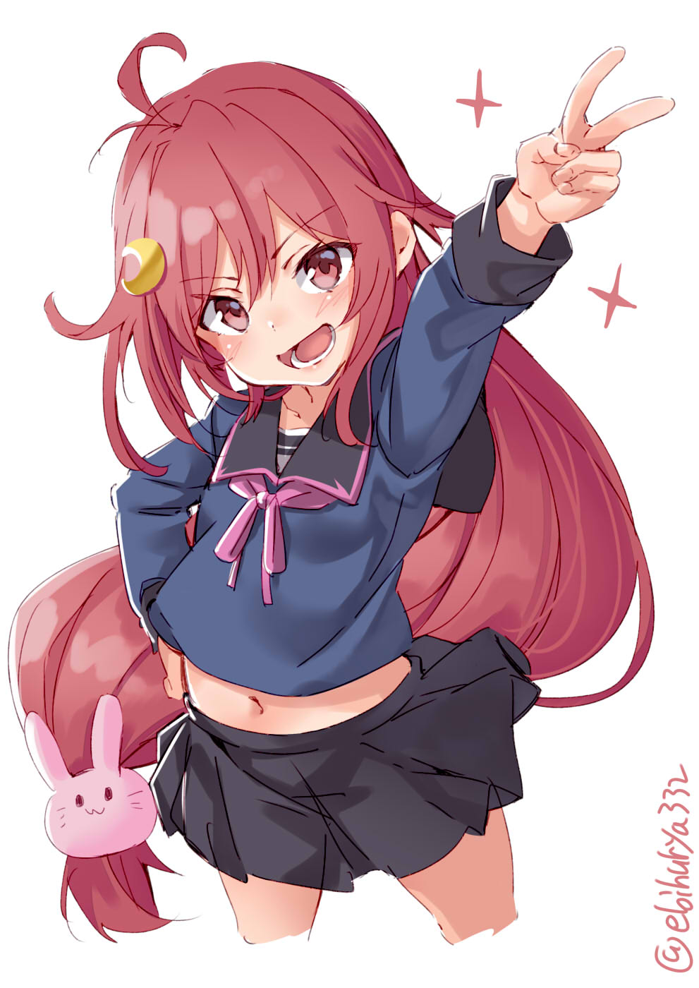 The Big ImageBoard (TBIB) - 1girl :d ahoge arm up black skirt blue serafuku blush bunny hair ...