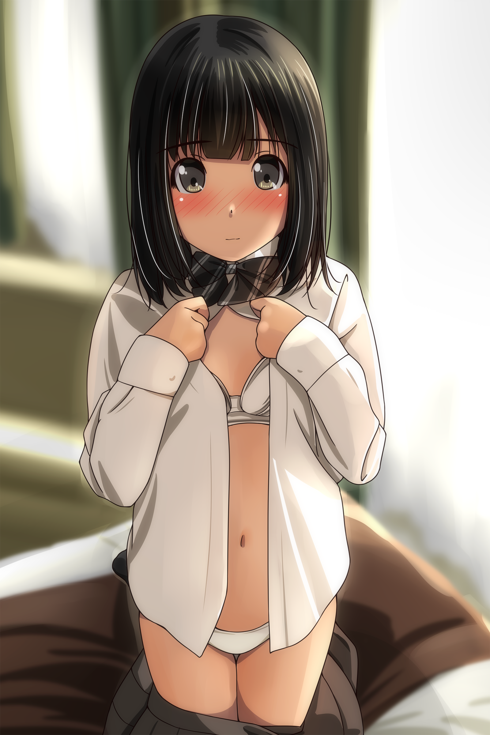 The Big ImageBoard (TBIB) - 1girl absurdres bangs black bow black hair black skirt blurry blurry ...