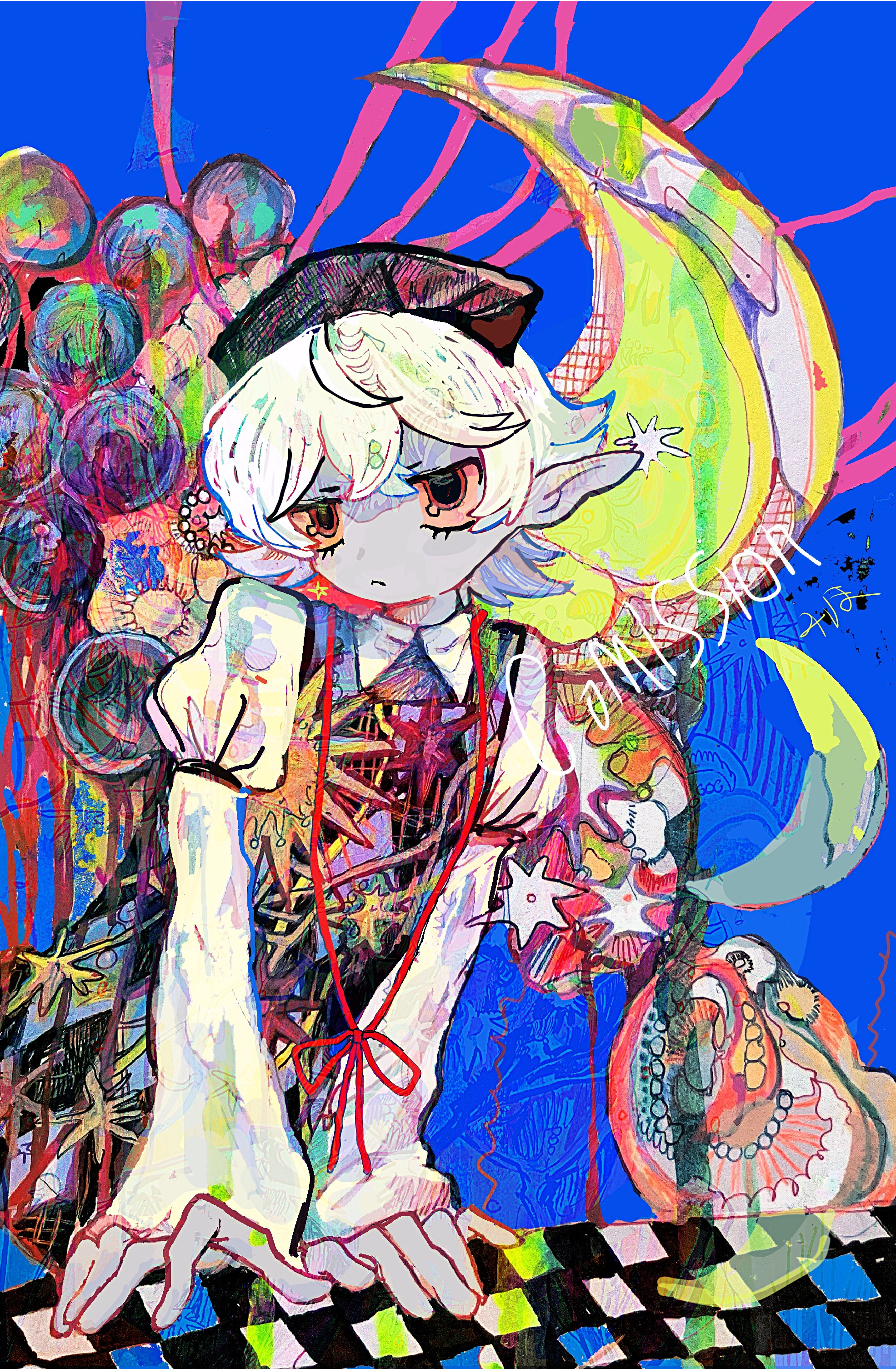 The Big ImageBoard (TBIB) - 1girl abstract absurdres black dress blue background checkered floor ...