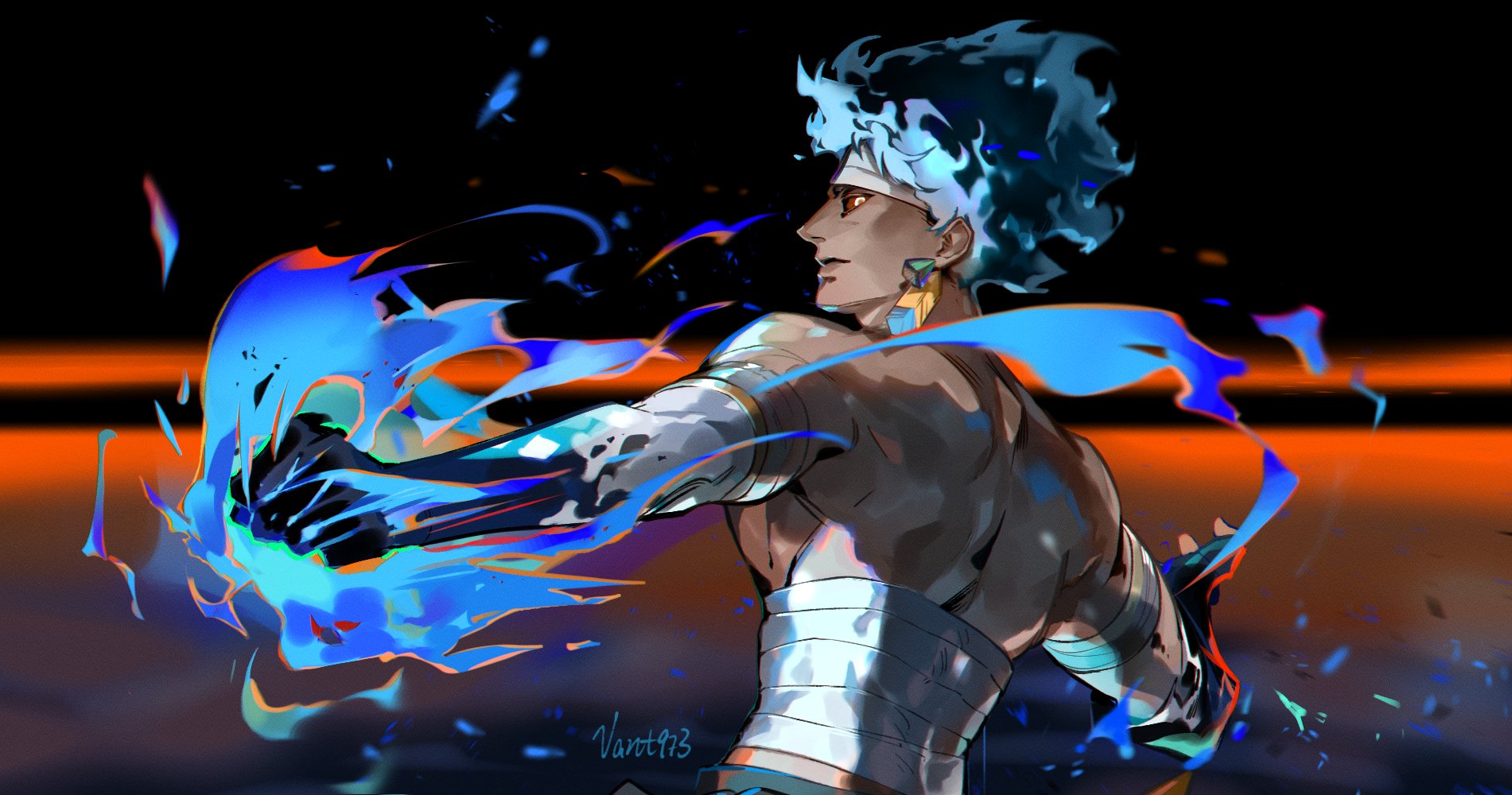 The Big ImageBoard (TBIB) - artist name blue fire blue hair blurry blurry background burning ...