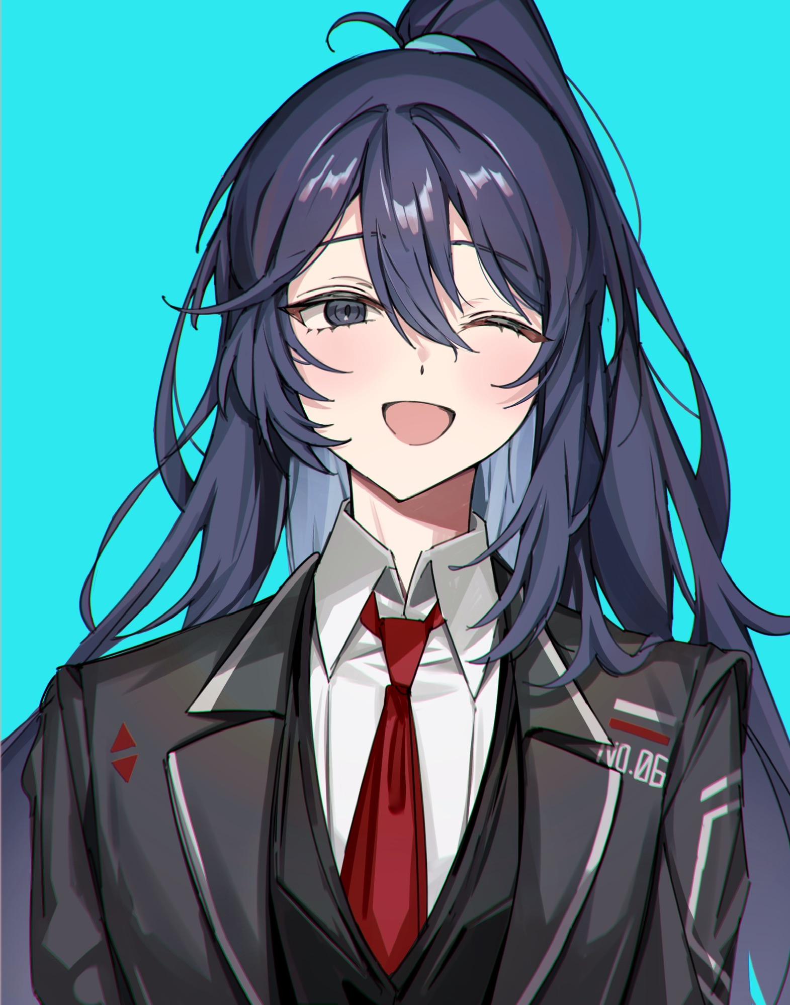 The Big ImageBoard (TBIB) - 1boy :d aqua background black eyes black hair black jacket black ...