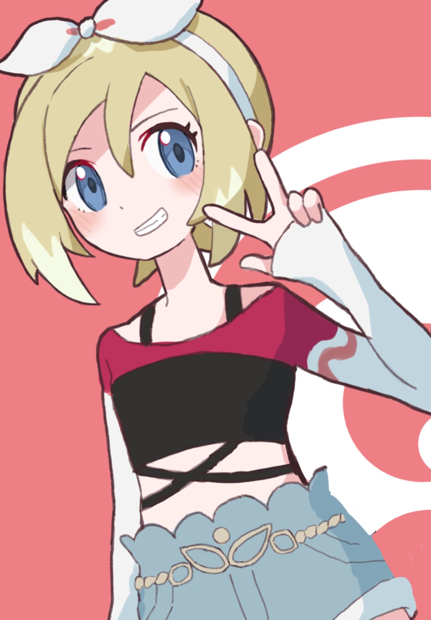 The Big ImageBoard (TBIB) - 1girl 67wk317 blonde hair blue eyes blue shorts blush bow bow ...