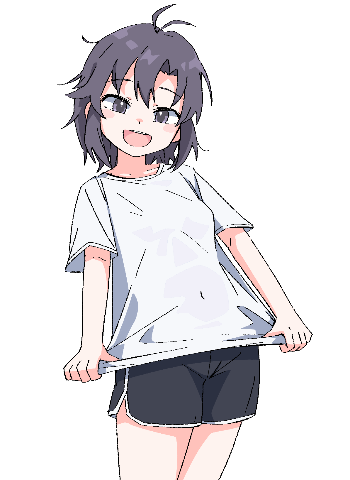 The Big ImageBoard (TBIB) - 1girl antenna hair black pants breasts clothes pull collarbone ...