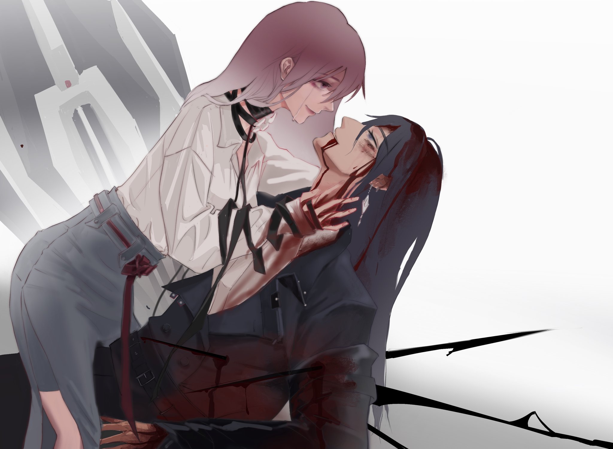 The Big ImageBoard (TBIB) - 2girls bandaged neck bandages black bandages black coat black eyes ...