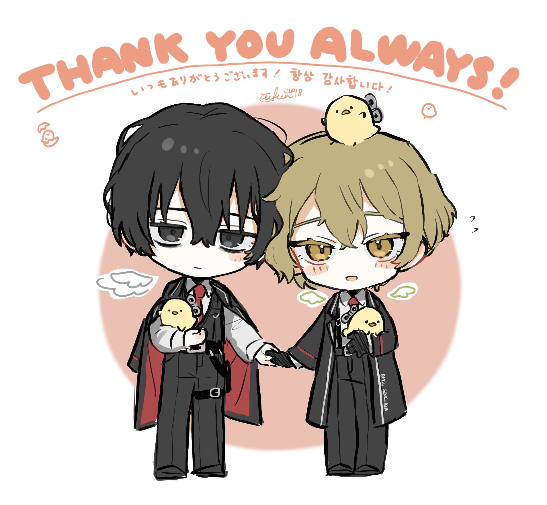 The Big ImageBoard (TBIB) - 2boys animal bird black coat black eyes black hair black vest blonde ...