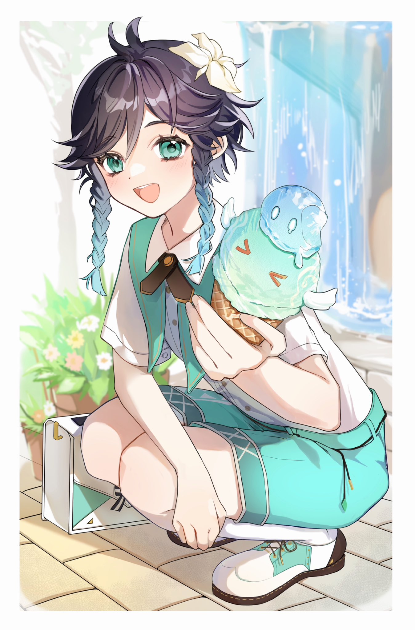 The Big ImageBoard (TBIB) - 1boy :d alternate costume aqua hair aqua shorts black hair border ...