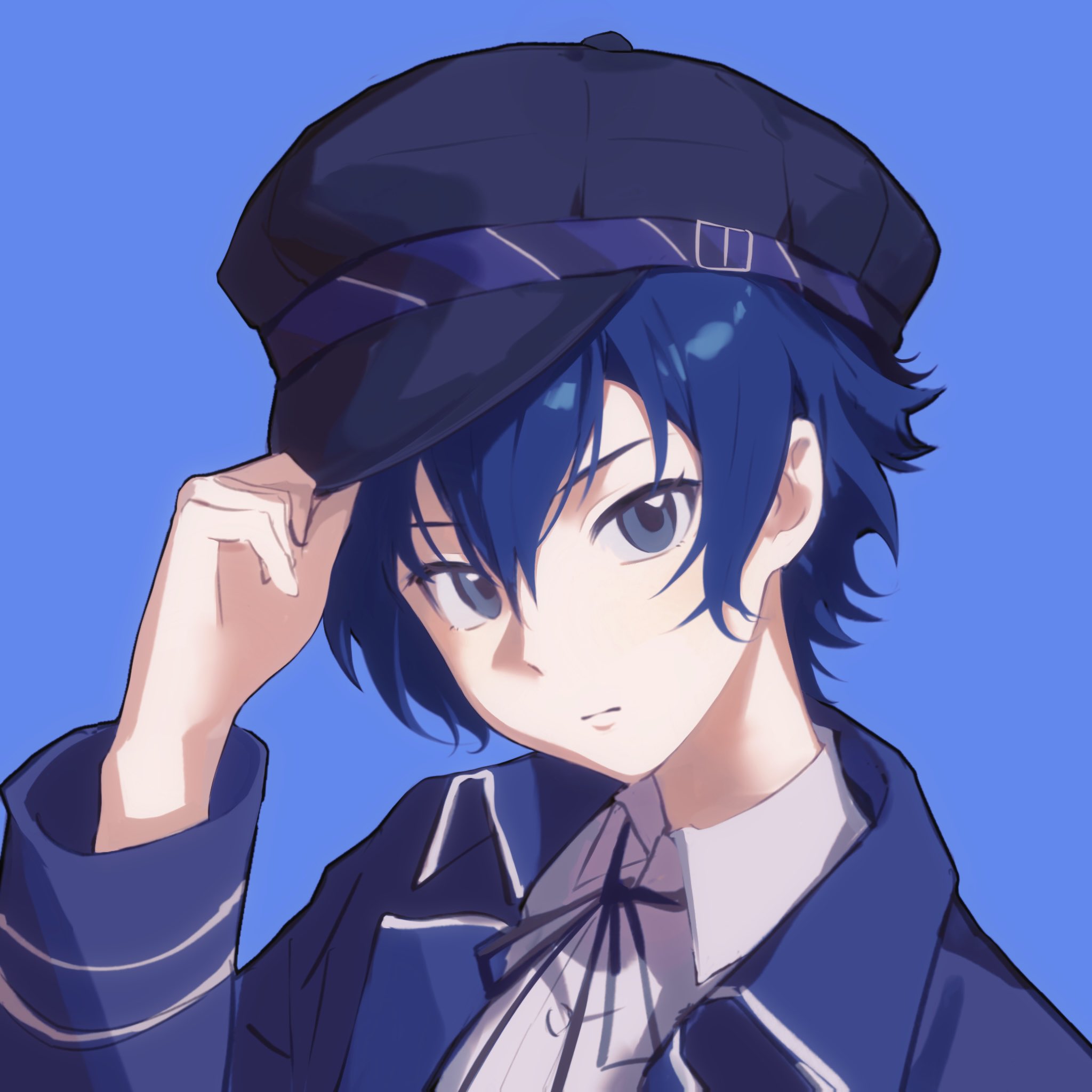 The Big ImageBoard (TBIB) - 1girl androgynous blue background blue eyes blue hair blue hat blue ...