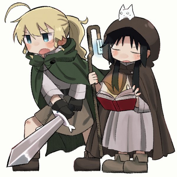 The Big ImageBoard (TBIB) - 2girls ahoge black hair blonde hair blue eyes book cape chito ...