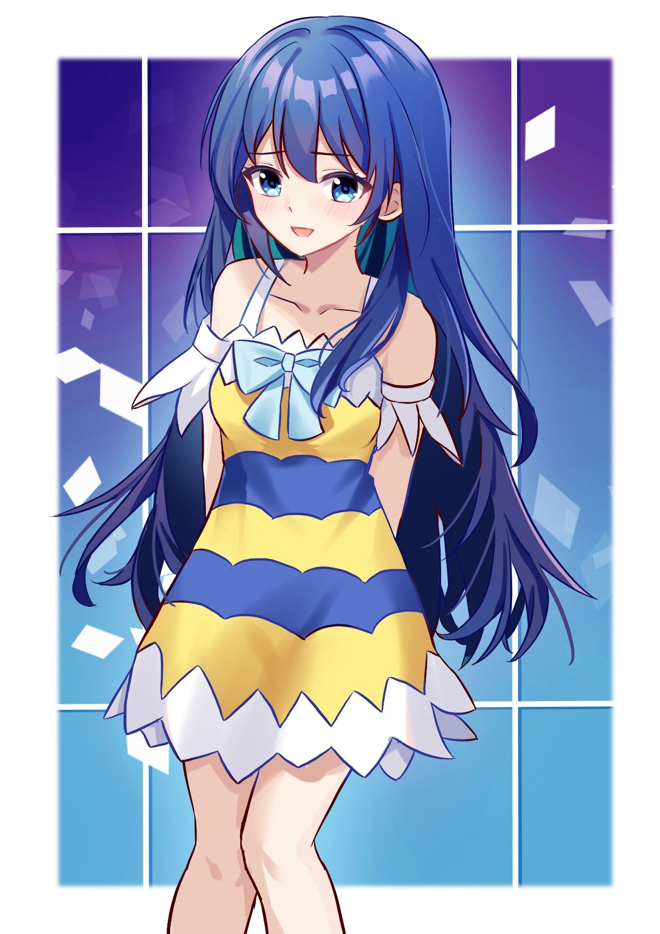 The Big ImageBoard (TBIB) - 1girl :d arms behind back blue dress blue eyes blue hair collarbone ...