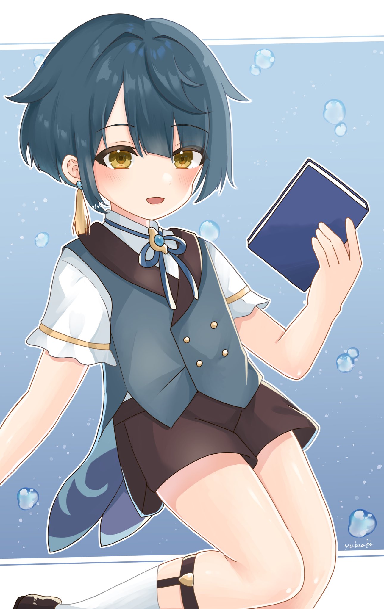 The Big ImageBoard (TBIB) - 1boy bishounen blue hair blue vest book brown shorts earrings ...