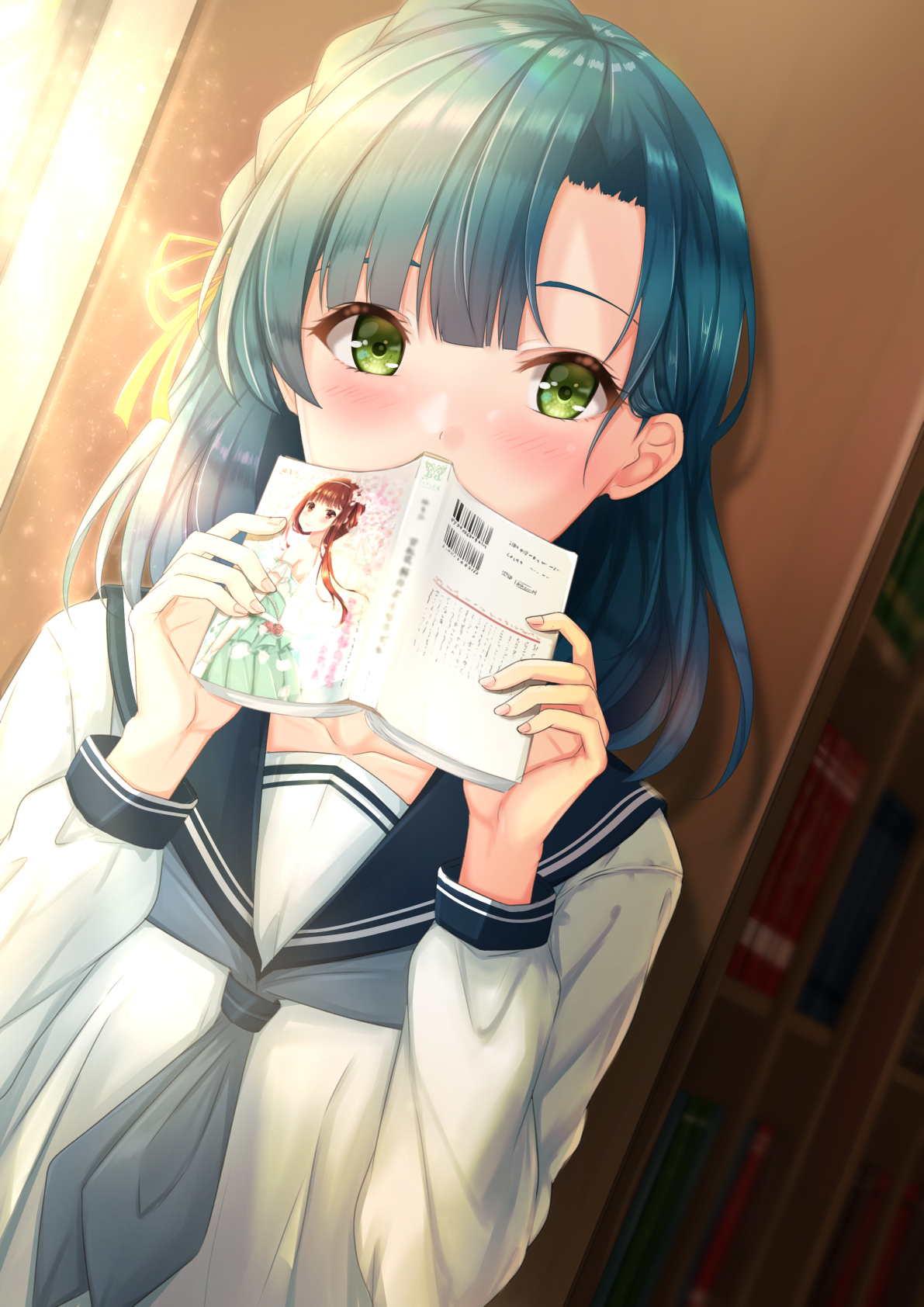 The Big Imageboard Tbib Bangs Blue Hair Blunt Bangs Book Brown Hair