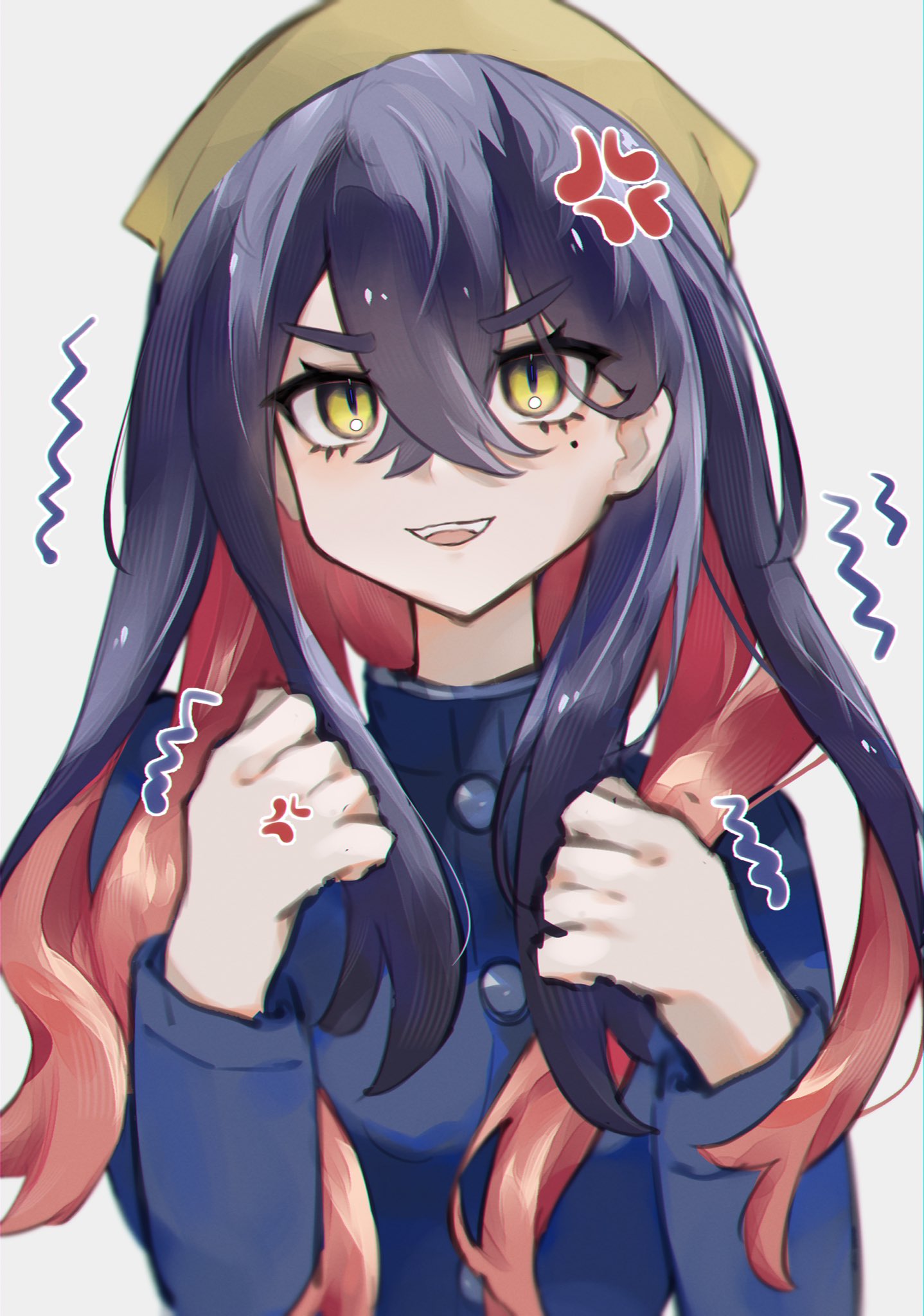 The Big ImageBoard (TBIB) - 1girl :d anger vein asatte 3z black hair blue jacket buttons carmine ...