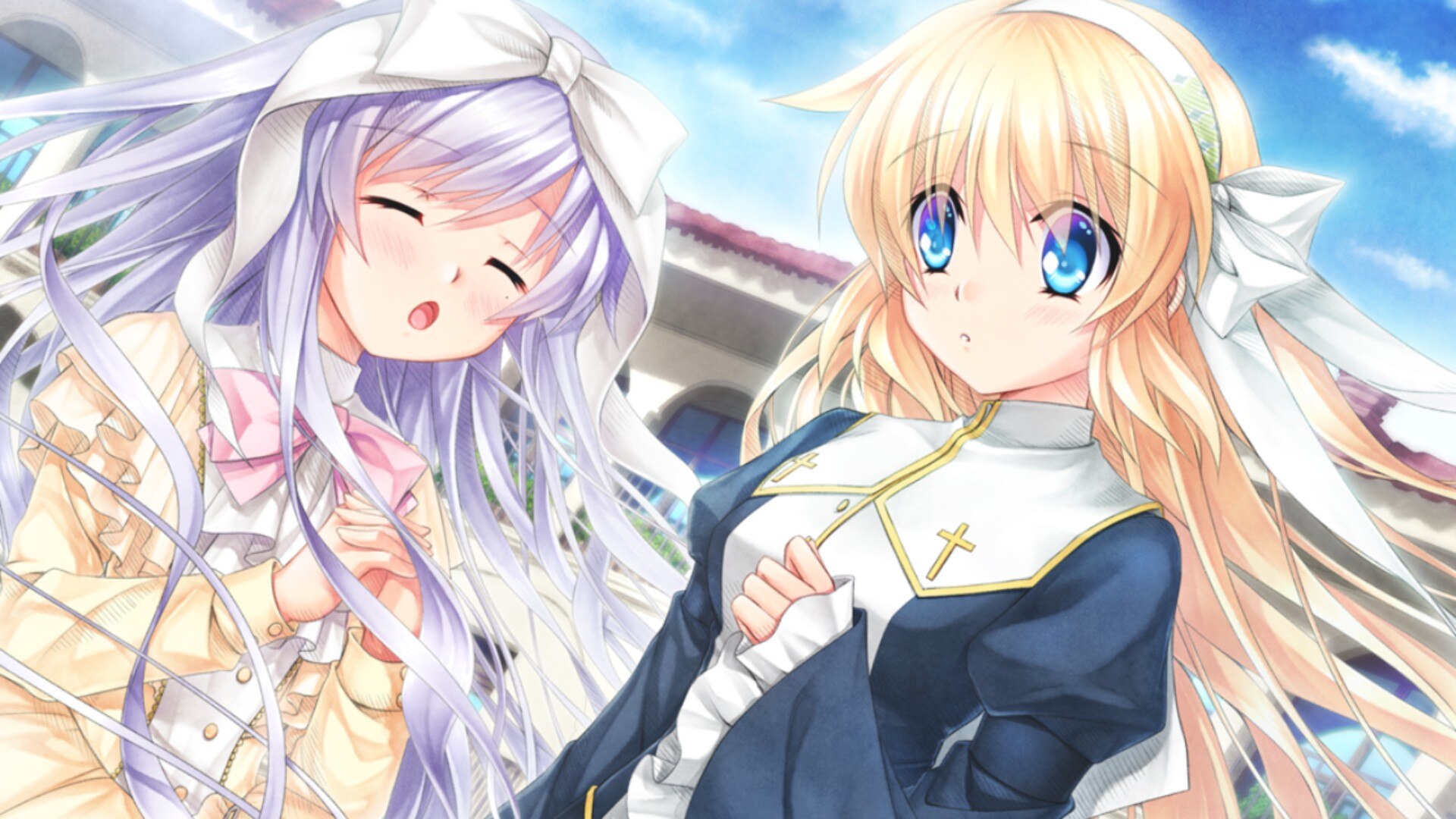 The Big ImageBoard (TBIB) - 2girls blonde hair blue eyes blue sky blush bow closed eyes cloud ...