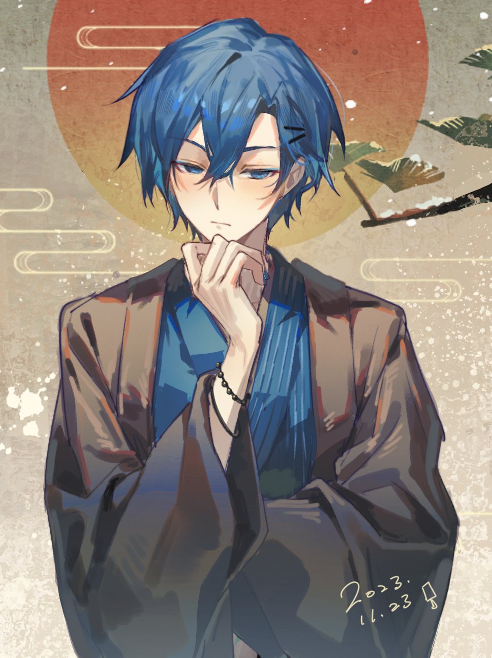 The Big ImageBoard (TBIB) - 1boy 2023 black kimono blue eyeliner blue eyes blue hair blue kimono ...