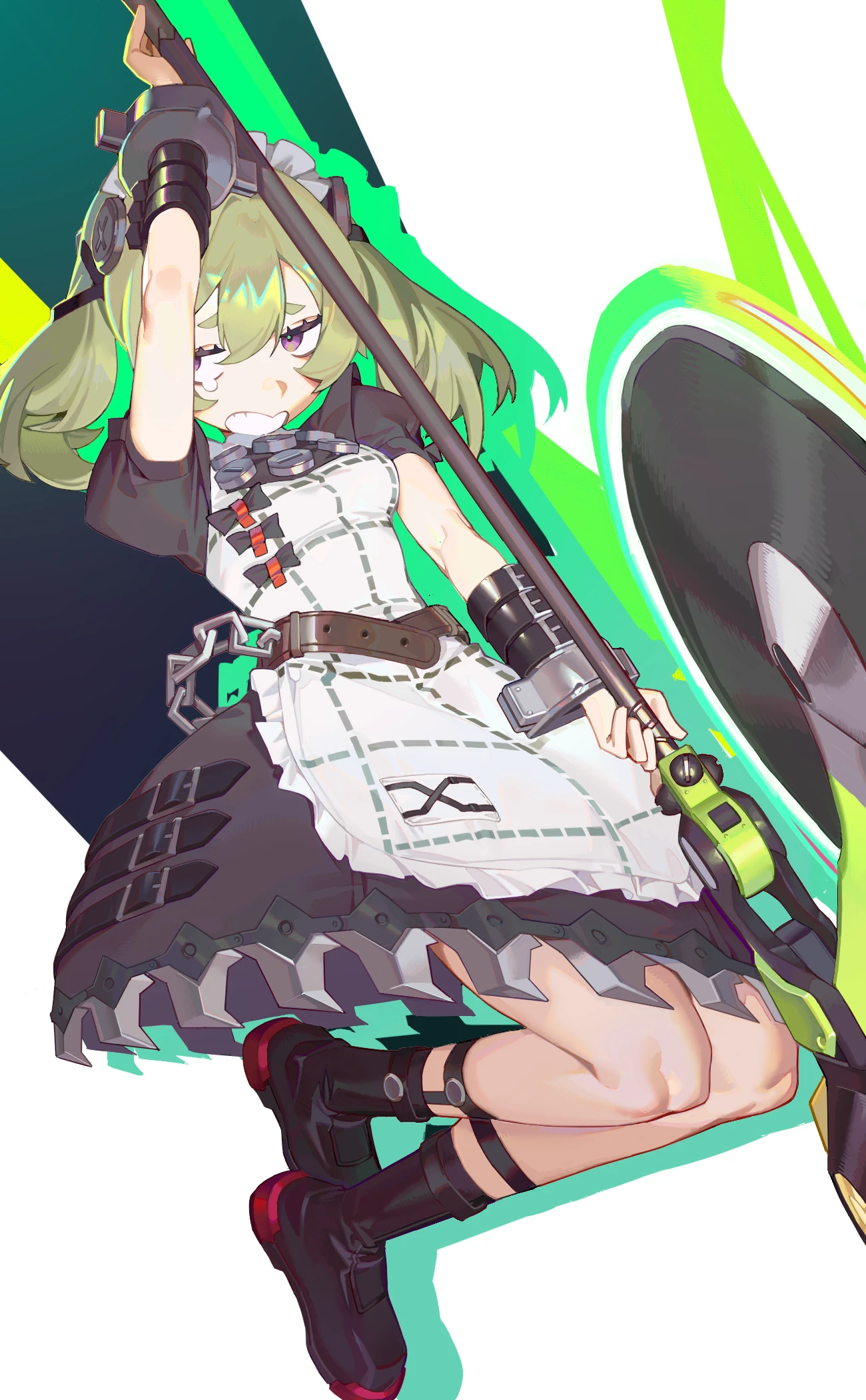 The Big ImageBoard (TBIB) - 1girl apron arm belt arm up belt black footwear boots brown belt ...