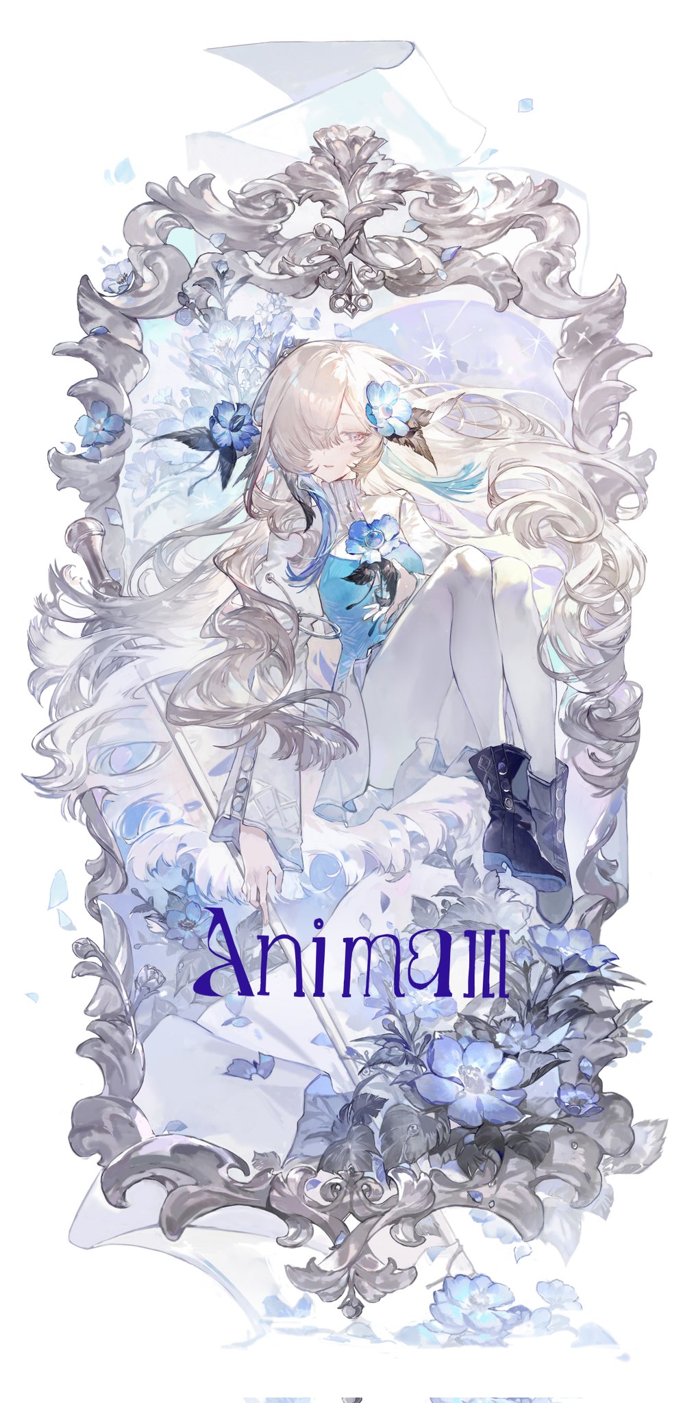 The Big ImageBoard (TBIB) - 1girl blue flower blue hair boots daransha flower full body grey ...