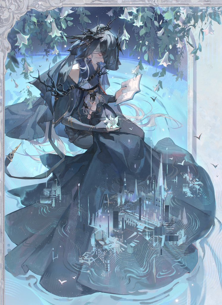 The Big ImageBoard (TBIB) - 1boy 1girl aged down arknights black dress black nails black wings ...