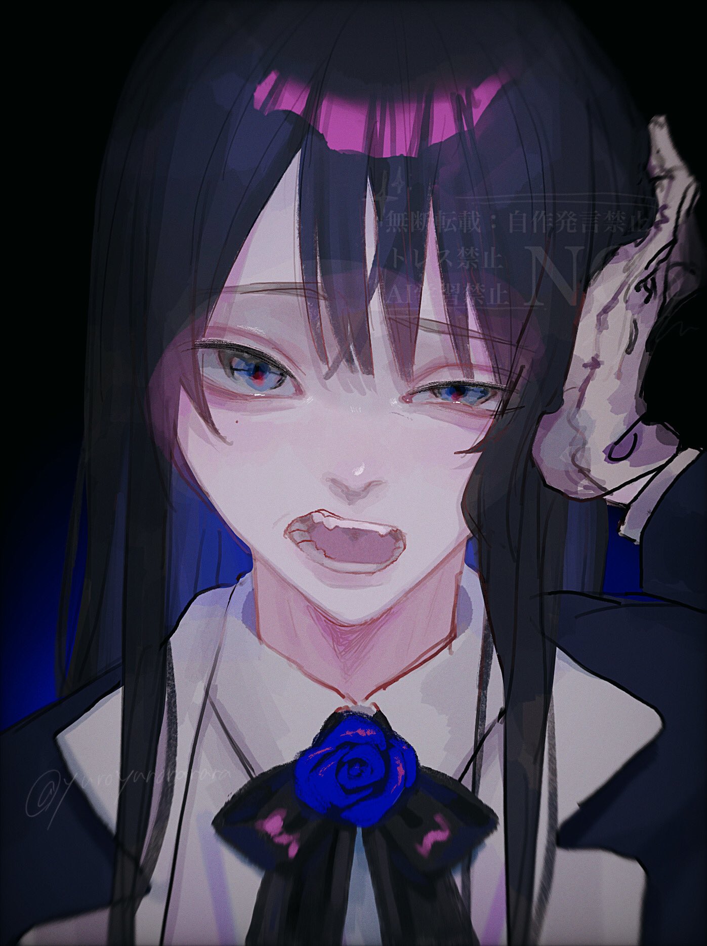 The Big ImageBoard (TBIB) - 1girl ado (utaite) black background black hair blue eyes blue flower ...