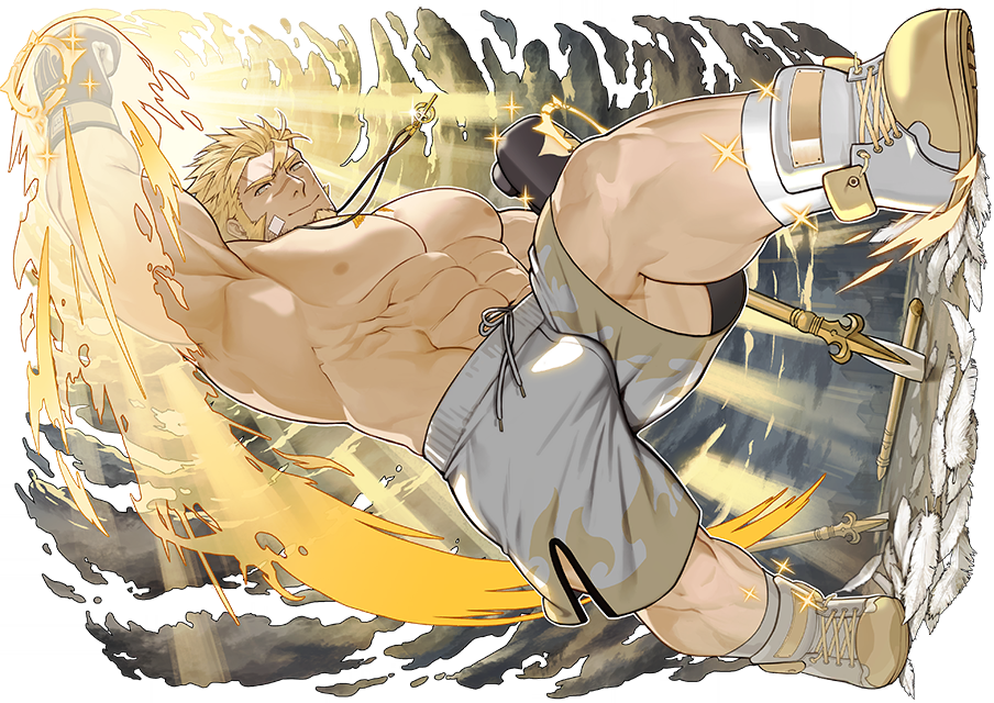 The Big ImageBoard (TBIB) - 1boy abs bara beard blonde hair blush bulge chest dynamic pose ...