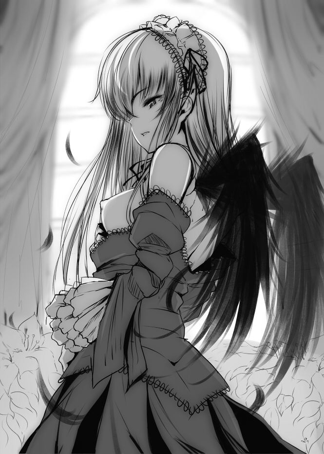 The Big Imageboard Tbib 1girl Breasts Commentary Request Dress Frills Greyscale Hairband