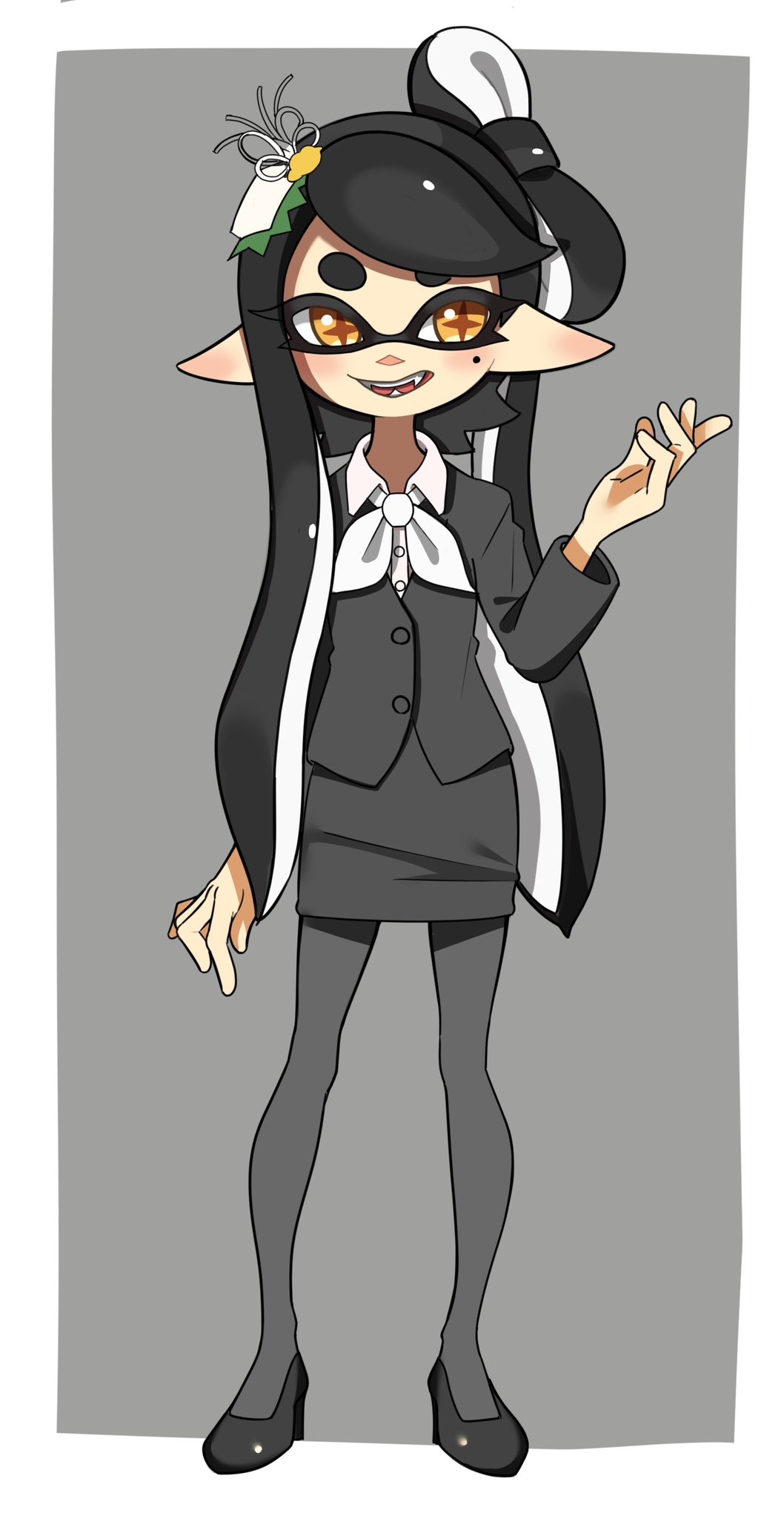 The Big ImageBoard (TBIB) - 1girl arm up black footwear black hair black pantyhose black suit ...