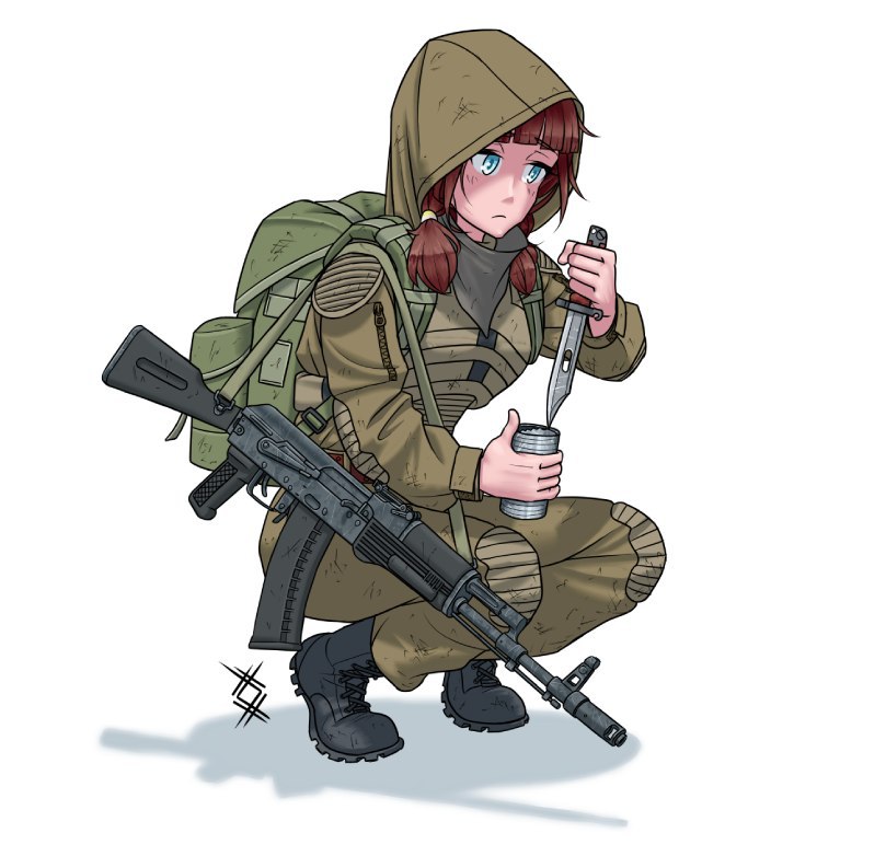 The Big ImageBoard (TBIB) - 1girl ak-74m assault rifle backpack bag blue eyes brown hair can ...
