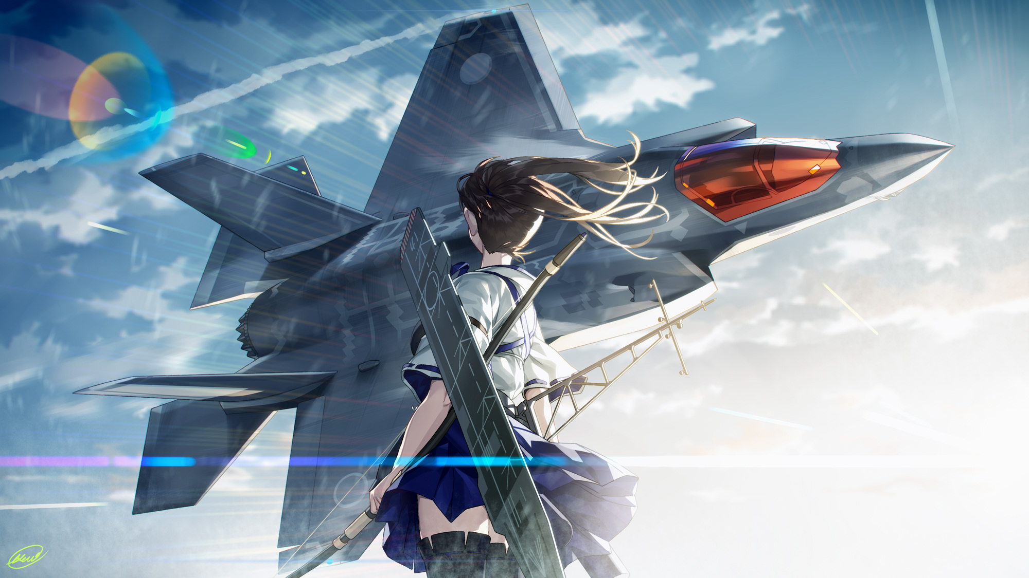 The Big ImageBoard (TBIB) - 1girl aircraft airplane black legwear blew andwhite blue hakama bow ...