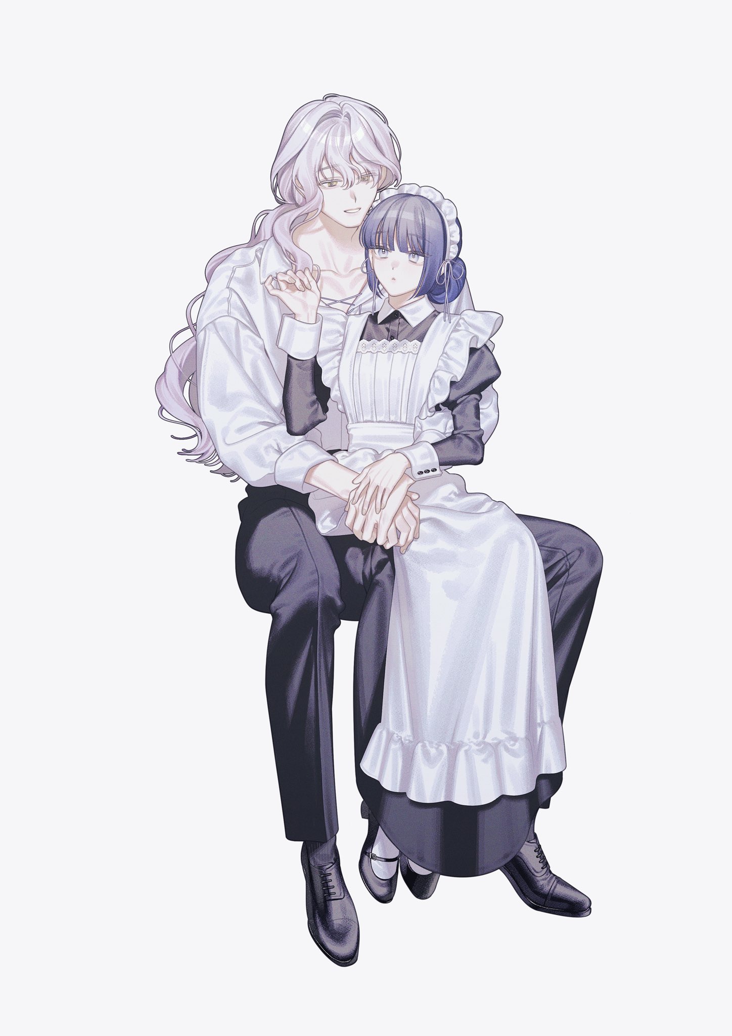 The Big ImageBoard (TBIB) - 1boy 1girl apron black dress black pants blue hair commission dress ...