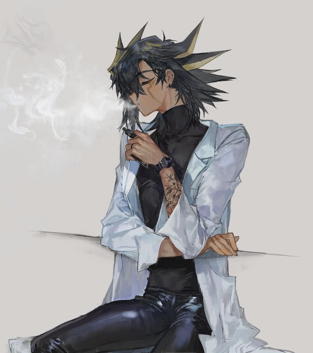 The Big ImageBoard (TBIB) - 1boy arm tattoo black hair black pants black shirt blowing smoke ...