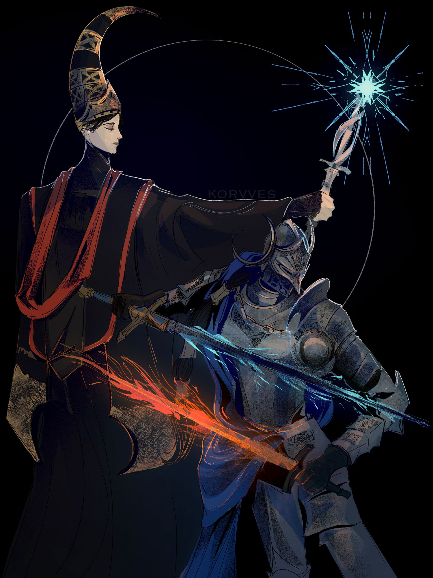 The Big ImageBoard (TBIB) - 2girls armor black background black robe ...