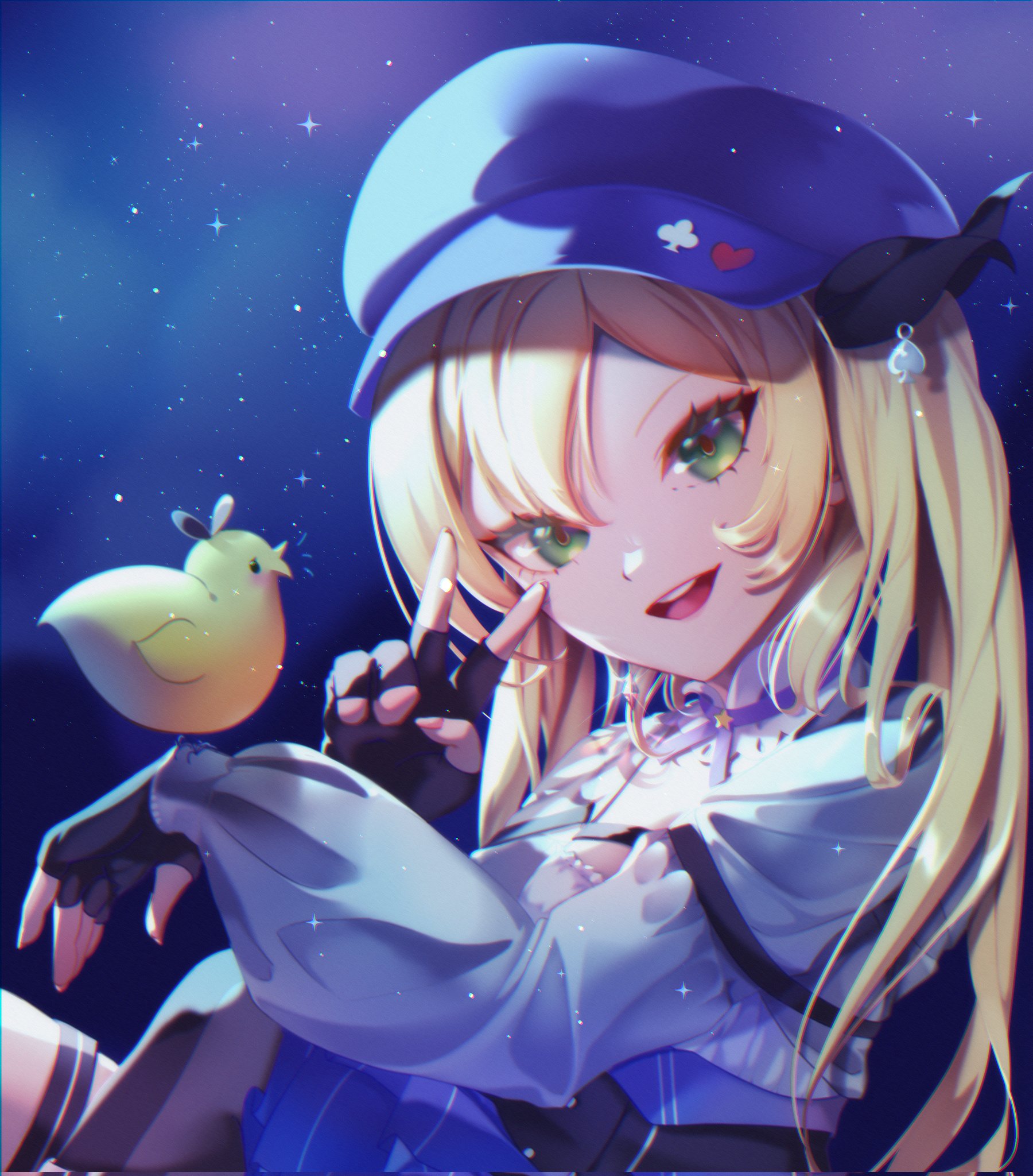The Big ImageBoard (TBIB) - 1girl black gloves blonde hair blue background blue dress blue hat ...